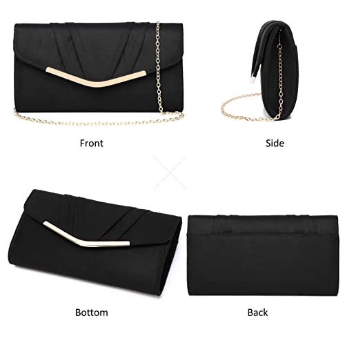 DETARA Women Evening Bag Suede Pleated Clutch Purse Envelope Clutches Wedding Party Bridal Purse (Black)