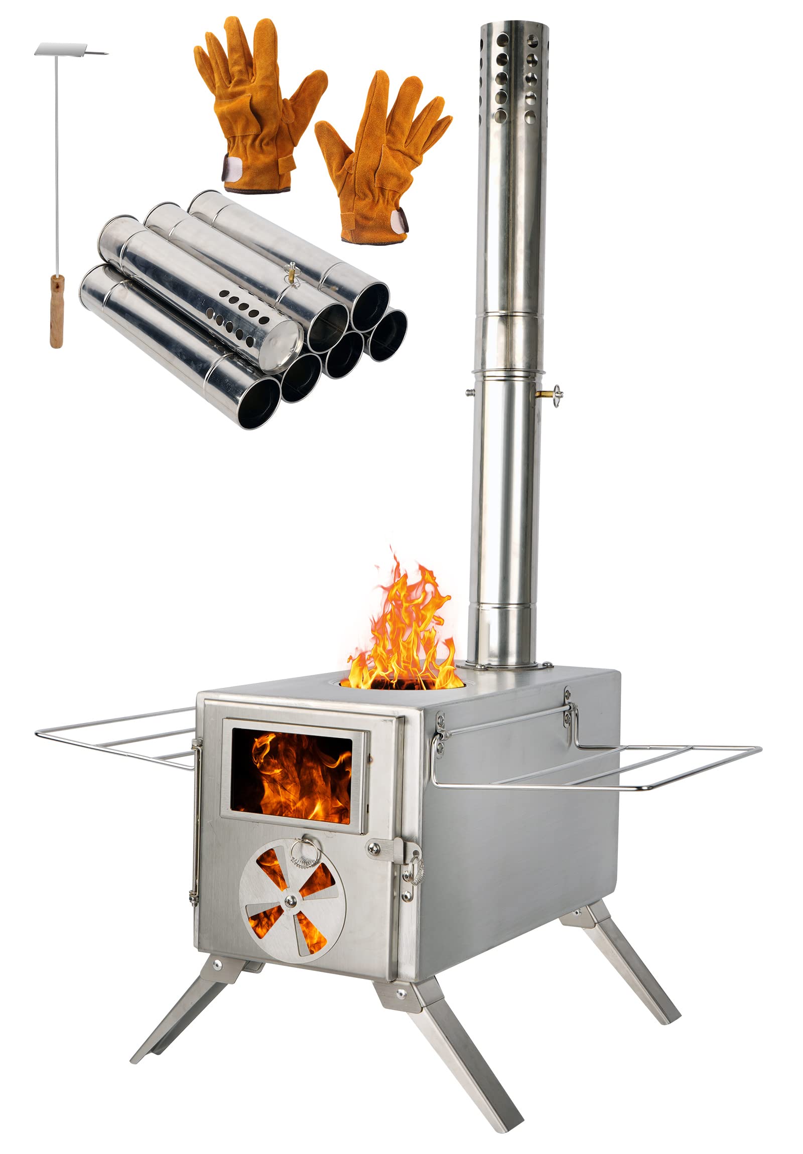 Camping Stove for Hot Tents, LAMA 304 Stainless Steel Wood Burning Stove with Stainless Wall Chimney Pipes for Tents, Shelter, Outdoor Portable Stove for Camping Heating and Cooking