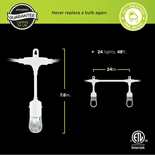 Enbrighten Classic Warm White String Lights, 48ft White Cord, 24 Shatterproof Acrylic Bulbs, Weatherproof, Outdoor String Lights, 35608