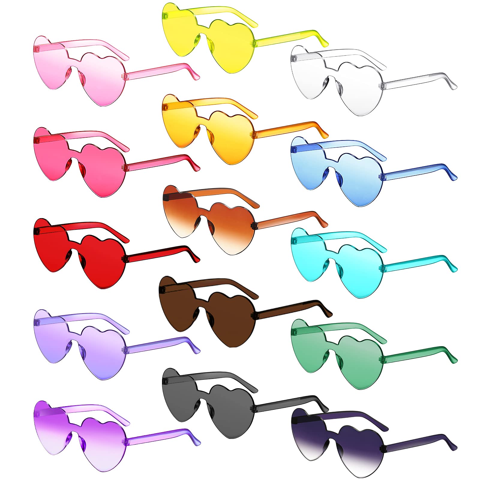 TOODOO 15 Pairs Heart Shaped Rimless Sunglasses Jelly Fudge Series Heart Sunglasses Bachelorette Party Sunglasses Colorful Plastic Funky Frameless Transparent Sunglasses Party Favors