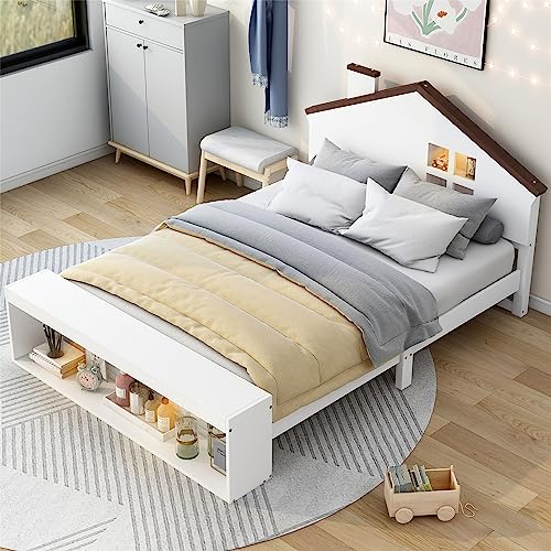 i-POOK House Bed with Storage, Led Bed Frame with House-Shaped Headboard, Full Size Platform Bed Frame for Children Teens Girls Boys, White