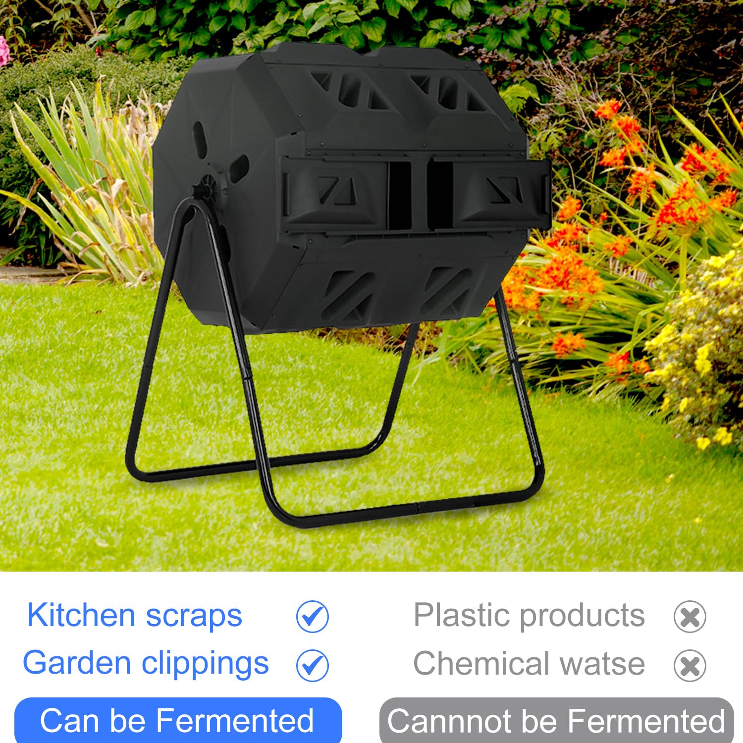 FDW Outdoor Compost Bin, 43 Gallon Dual Chamber Tumbling Composting Bin with Sliding Doors for Garden Patio Kitchen Yard,Black Door