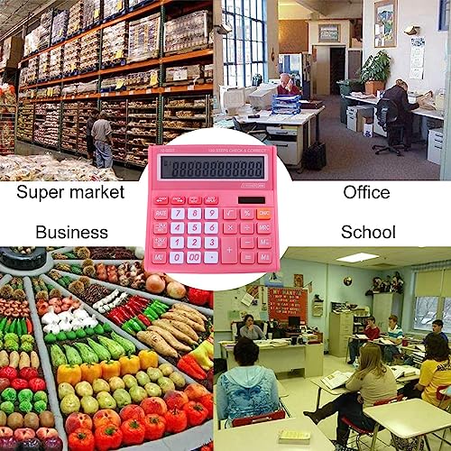 Office Desk Calculator 12 Digits with Solar Power and Easy to Read HD LCD Display, Big Buttons, for Financial Affairs,Home, Office, School, Class and Business,with Battery,Pink