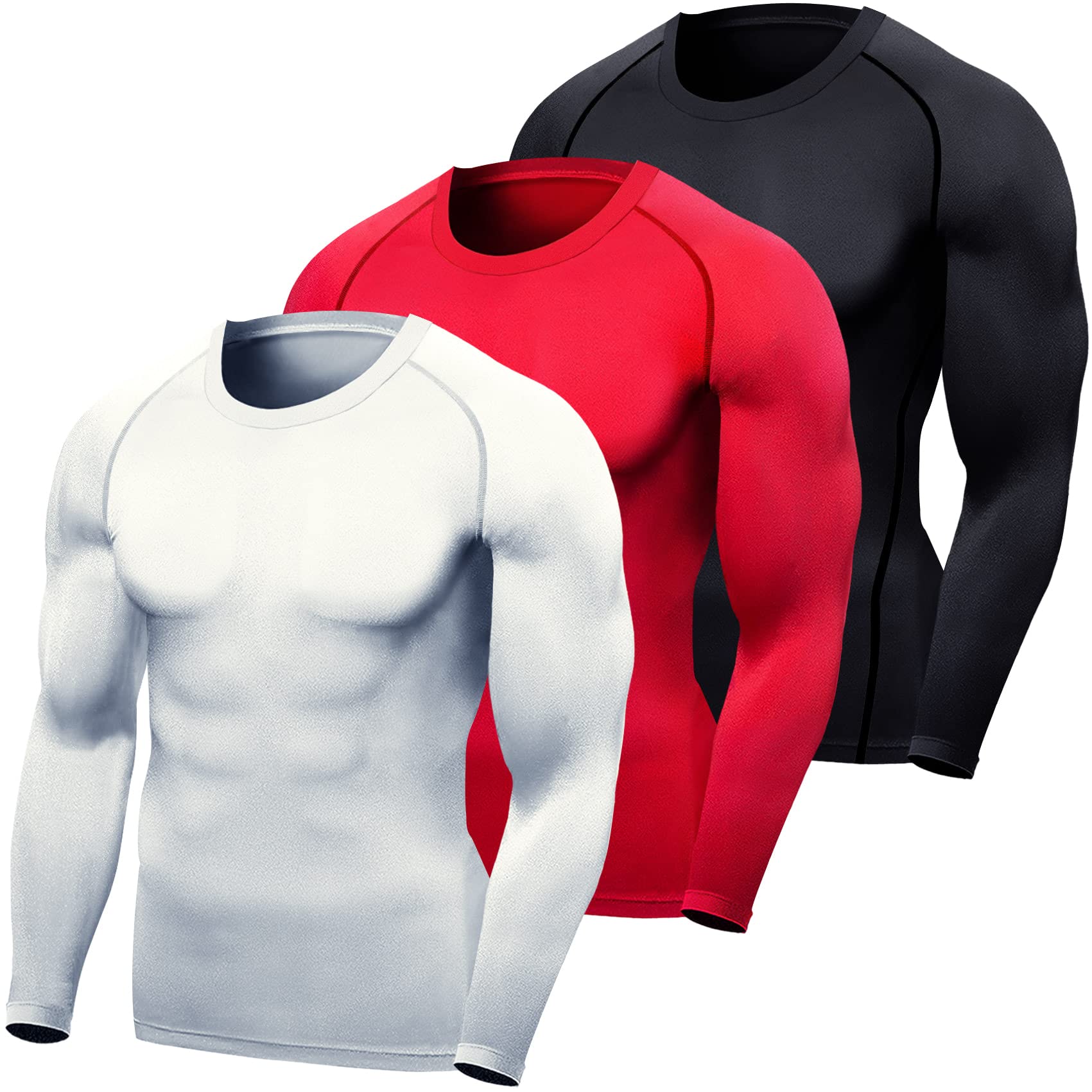 dfen Men's New 3Pack Quick Dry Compression Under Base Layer Jersey Fit Cool Gear Round Neck Top Long Sleeve T-Shirt BBRRWW_L
