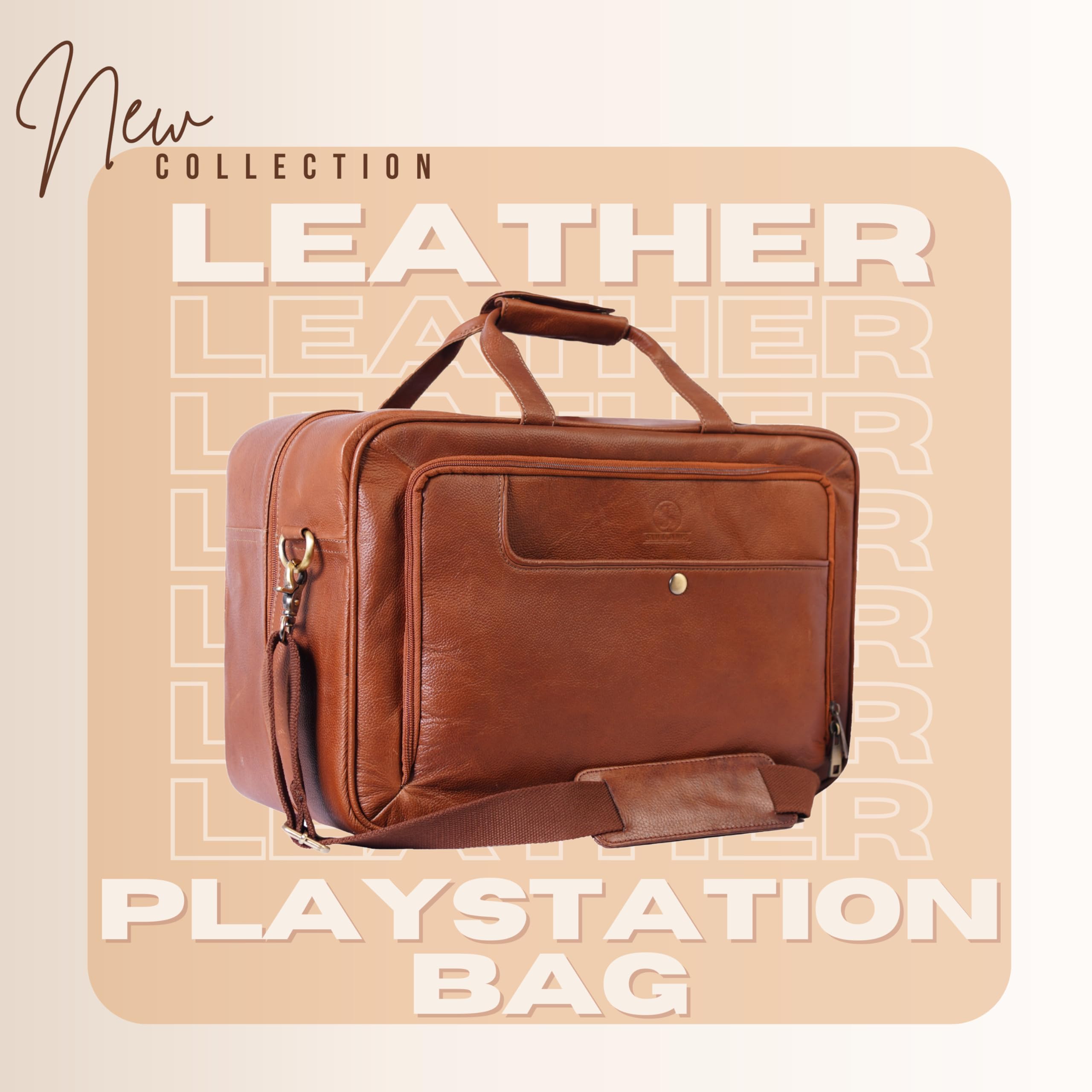 DreamController Genuine Leather PS5 Carrying Case | Gaming Bag with Detachable & Adjustable Compartments for Acessories | Full Grain Leather Weekender Bag for Gaming Console | Tan cowboy Leather Bags