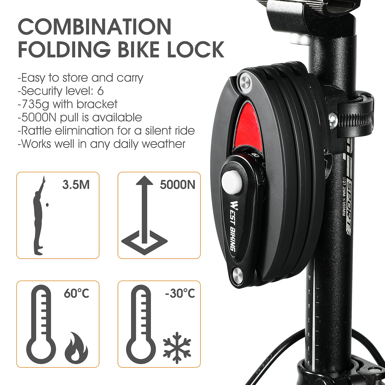CHIMONA Bike Foldable Lock, 4-Digit Anti Theft Combination Bicycle Lock, Security Level 6 Heavy Duty Folding Bike Lock, 2.8 FT Strong Bicycle Locks, Bicycle Security Chain Lock with Bracket