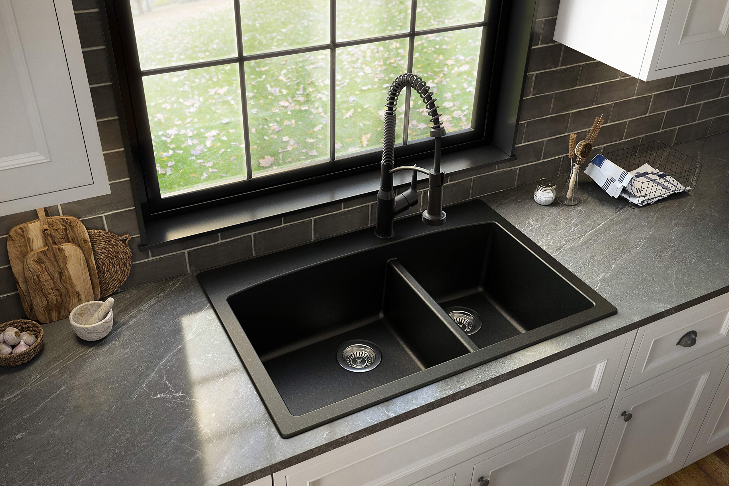 Karran QT-711 Drop-In Quartz Composite 33 in. 1-Hole 60/40 Double Bowl Kitchen Sink Kit in Black