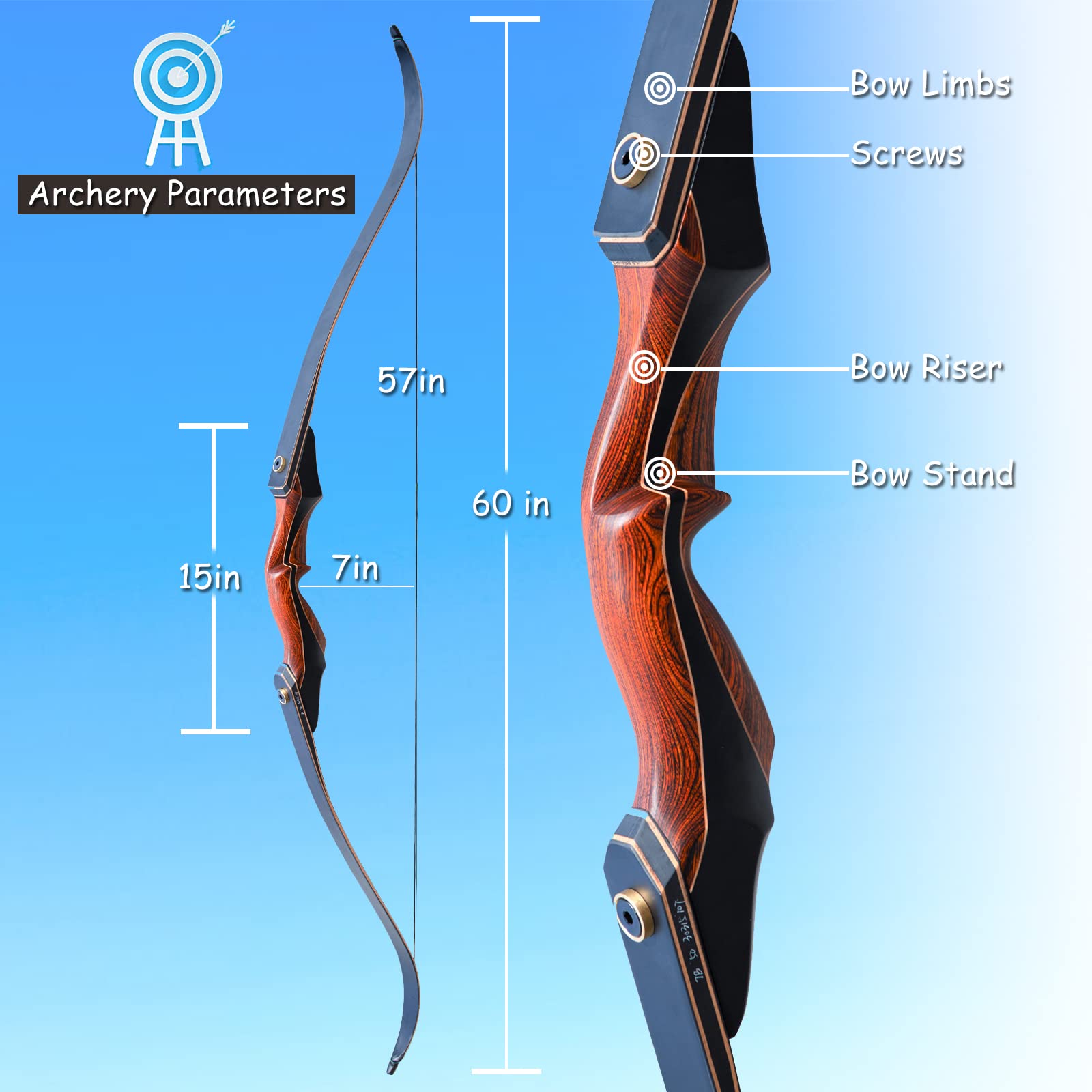 D&Q Archery 60" Takedown Hunting Recurve Bow and Arrows Set for Adults 30-45LB Wooden Right Hand Longbow Kit for Practice Competition (35LBS)