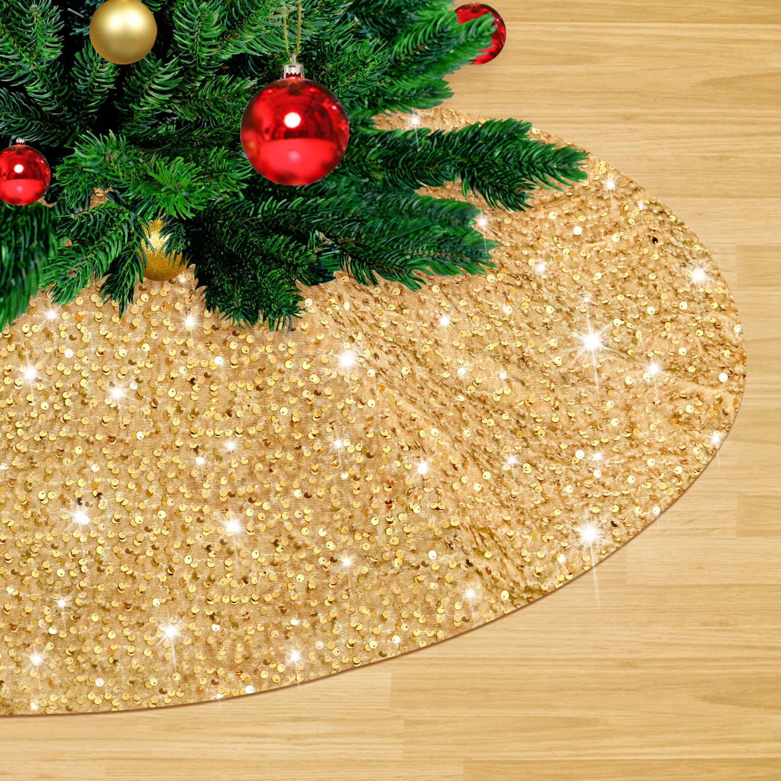 Champagne Gold Christmas Tree Skirt 24 Inches Velvet Sequin Tree Skirt Small Tree Skirt for Christmas Decorations