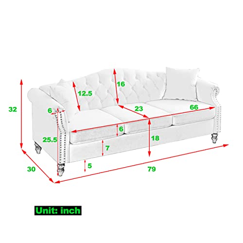 kevinplus 79" Velvet Chesterfield Sofa for Living Room, Modern Upholstered Tufted 3 Seater Sofa Tufted Couch with Rolled Arms and Nailhead for Living Room Bedroom Office Apartment, 2 Pillows, Grey