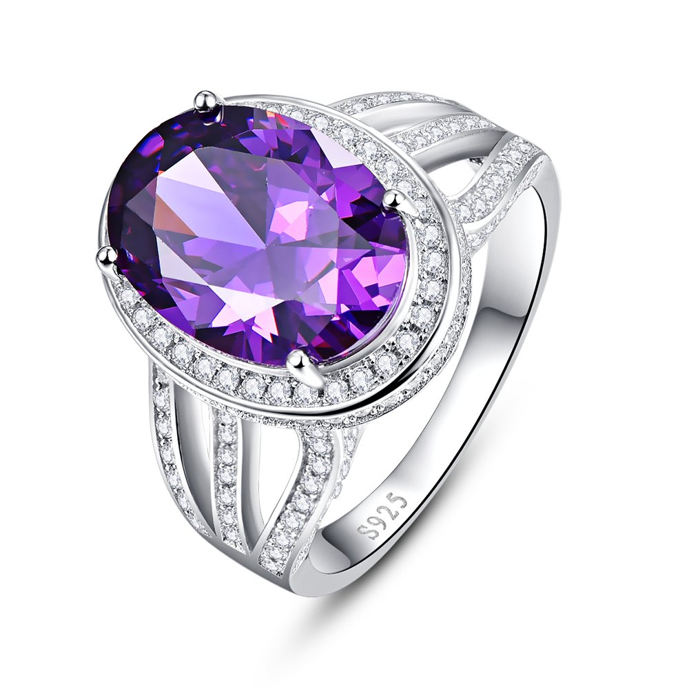 BONLAVIE 10.2ct 10x14mm Oval Cut Created Purple Amethyst Ring Paved White Cubic Zirconia 925 Sterling Silver Engagement Ring Wedding Bands Ring for Women Size 7