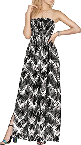 LA LEELA Women's Boho A line Slit Maxi Dress Smocked Top Evening Long Strapless Tube Dresses for Women One Size Kohl, Zig Zag
