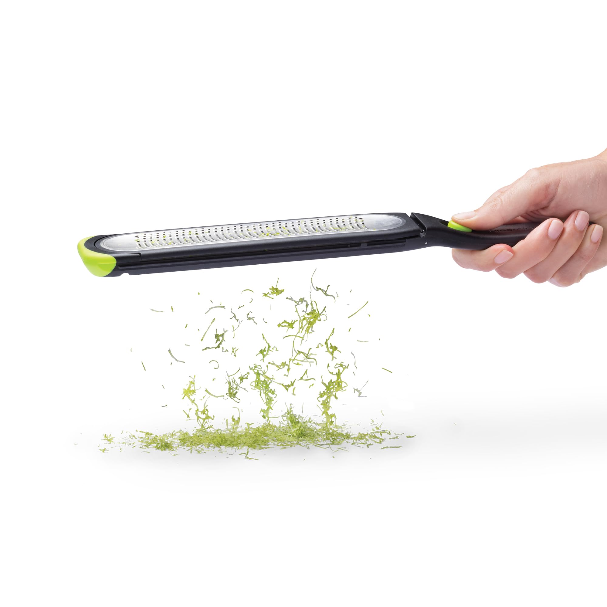 Dreamfarm Ozest Self-Cleaning POP-Button Zester for Fine, Fluffy Citrus Zest, Cheese, Nut, & Spices with Non-Slip Silicone Foot - 1mm Zester, Black/Green