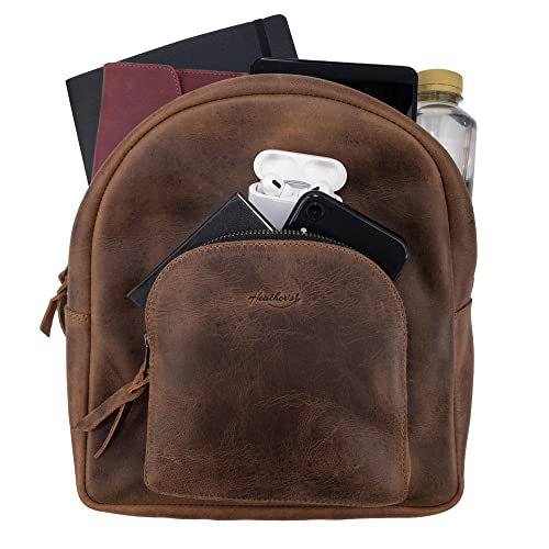 Heather's, Backpack Handmade from Full Grain Leather - Adjustable Straps - Carry, Organize and Store Notebooks, Make Up, Phone, Great for Travel - Bourbon Brown