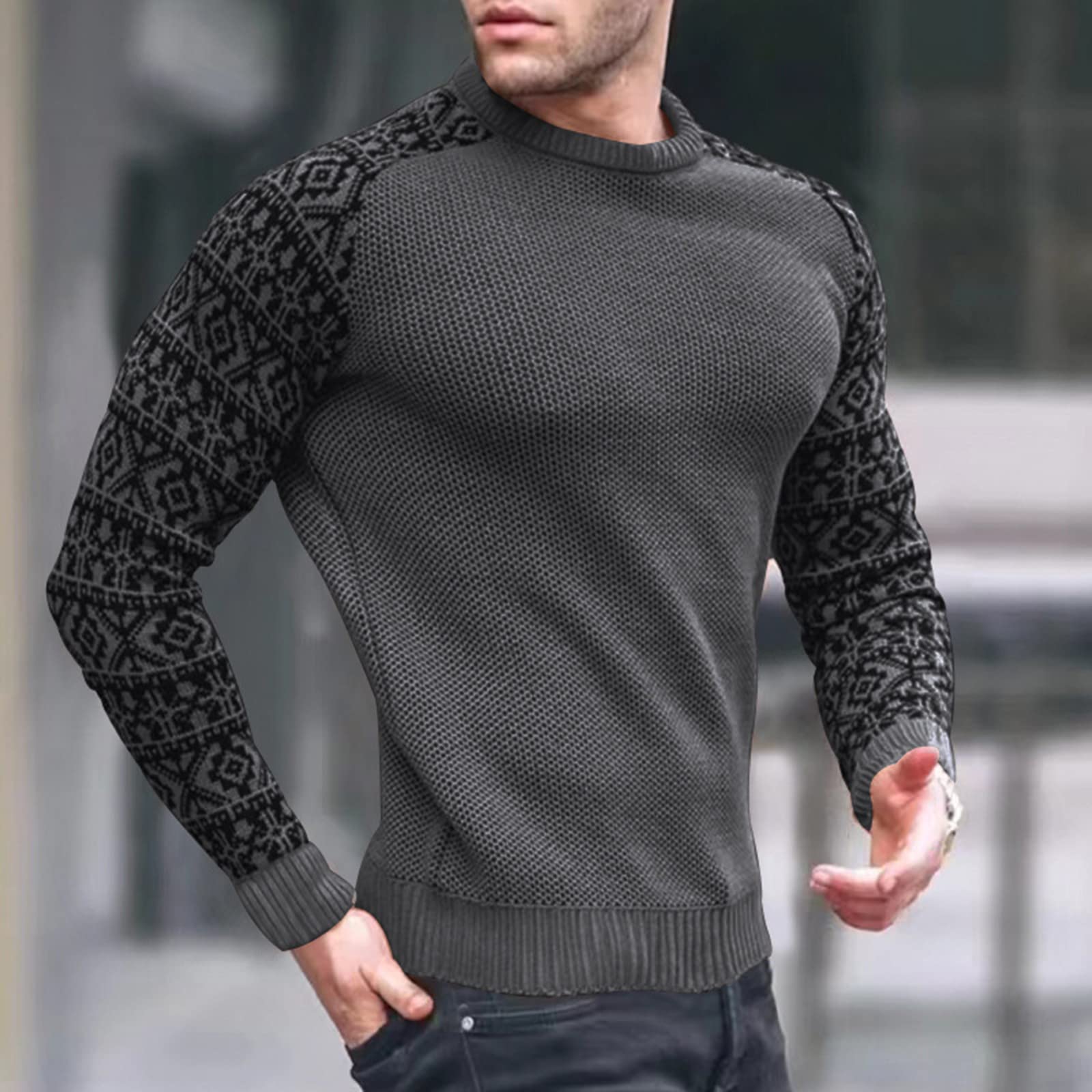 Cot-Oath Men's Fashion Knit Pullover - Lightweight Long Sleeve T-Shirt Crew Neck Casual Waffle Top Darkgrey