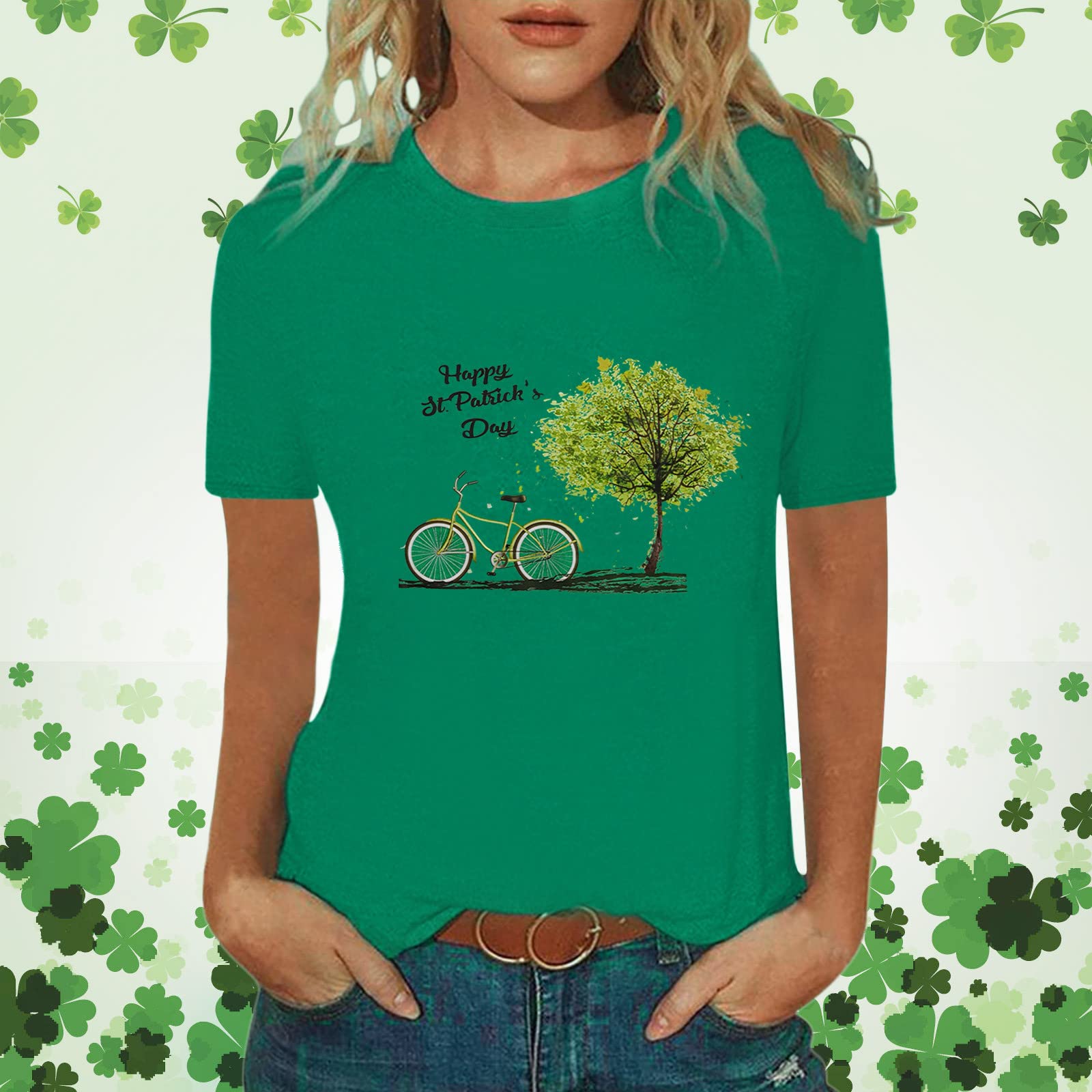 Women Green Graphic Tees Short Sleeve Novelty Leaves Shirt Tops Round Neck Loose Plus Size Summer Blouse