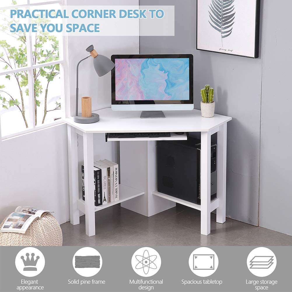 Corner Desk Writing and Study Corner Computer Desk with Keyboard Tray Storage Shelves,Wooden Compact Home Office Desk,47 inch, White