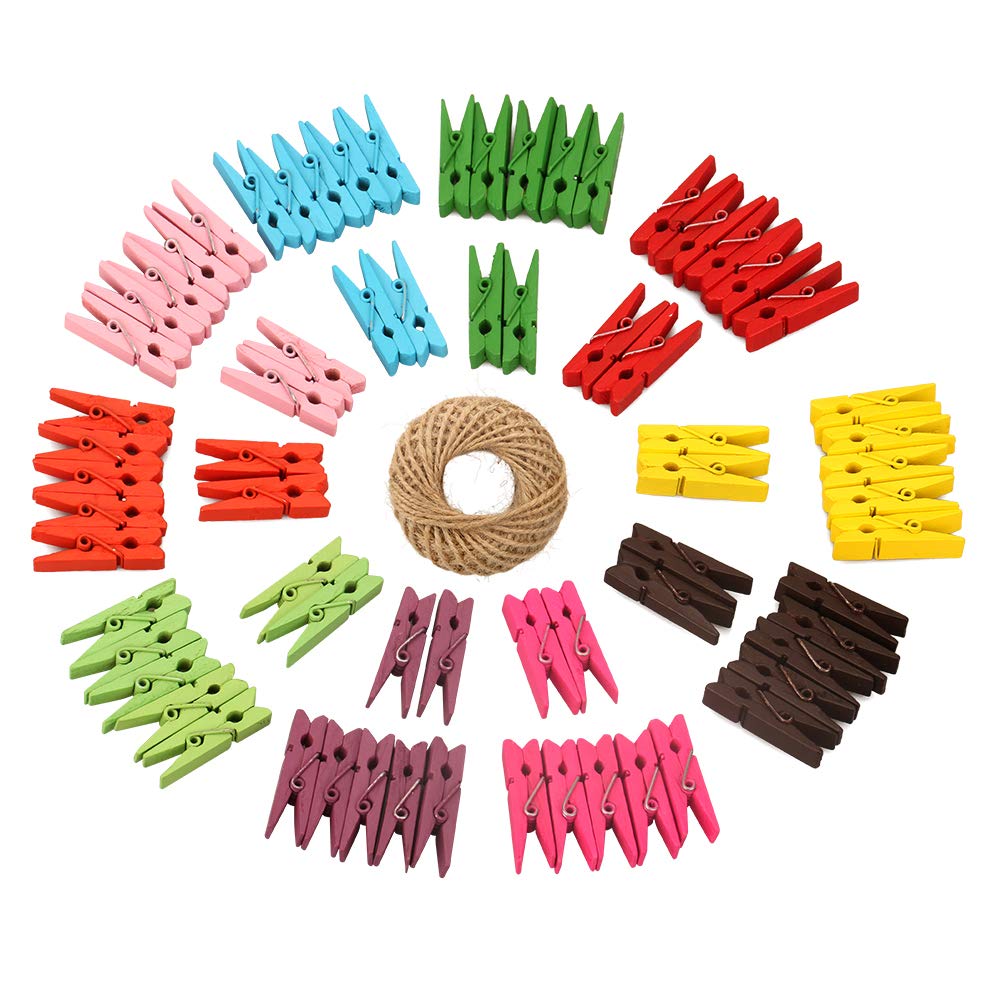 jijAcraft 100Pcs Colorful Clothespins with String Cords, 1.4 inch Heavy-Duty Wooden Clothes Pins with 98 Feet Jute Twine, Mini Photo Clips for Hanging Clip Photos, Clothes, Crafts, Arts