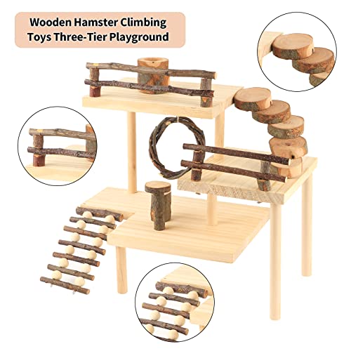 HOSUKKO Hamster Climbing Toys 3-Tier Extra Large Hamster Playground Natural Wooden Small Animal Platform Toys Hamster Exercise Activity Climbing Platform with Bridge for Gift