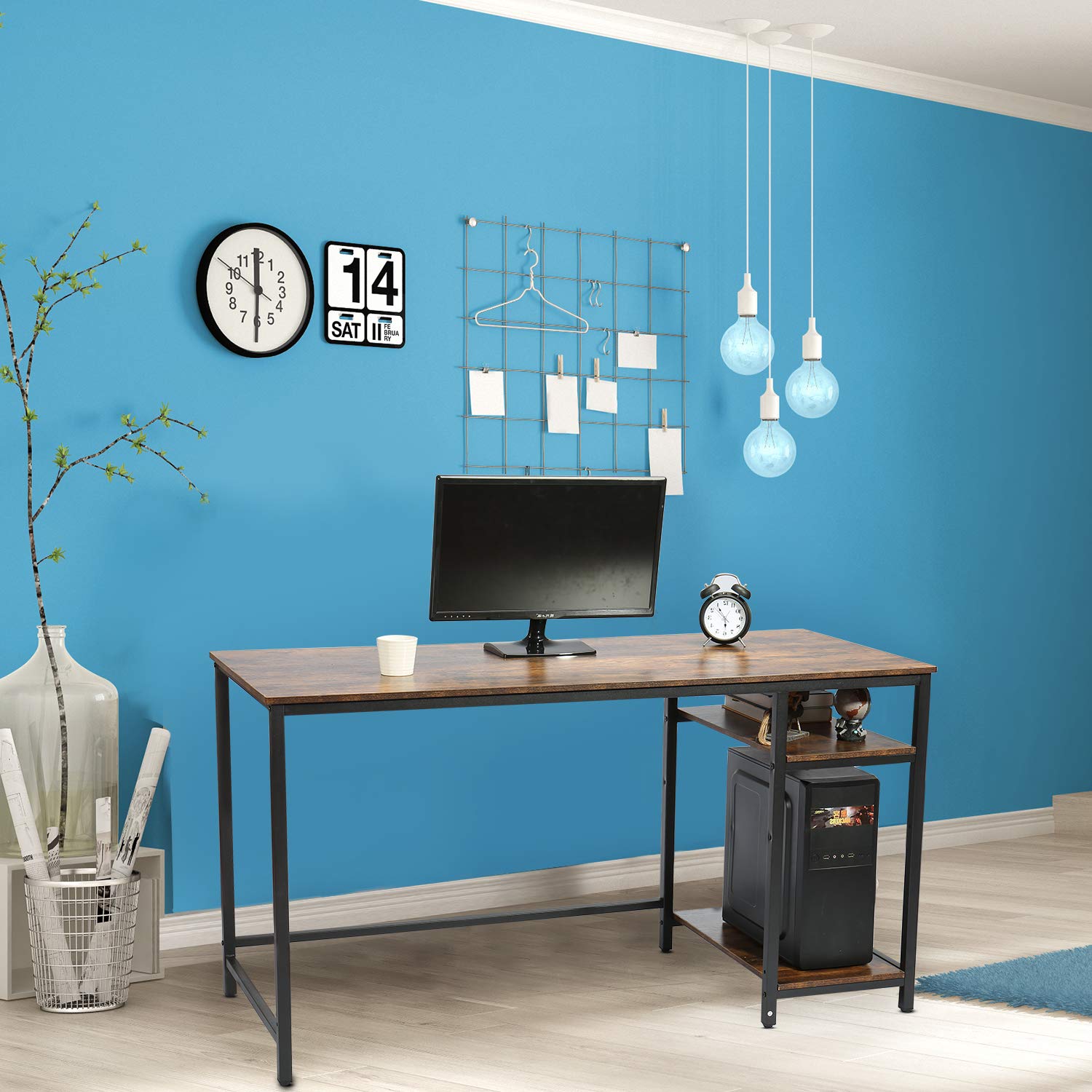 CHADIOR Industrial Desk, 55 Inch Work Surface, Wooden Writting Workstation, Simple Gaming Computer Table with Shelves, for Small Space, Home Office, Bedroom, Rustic Brown