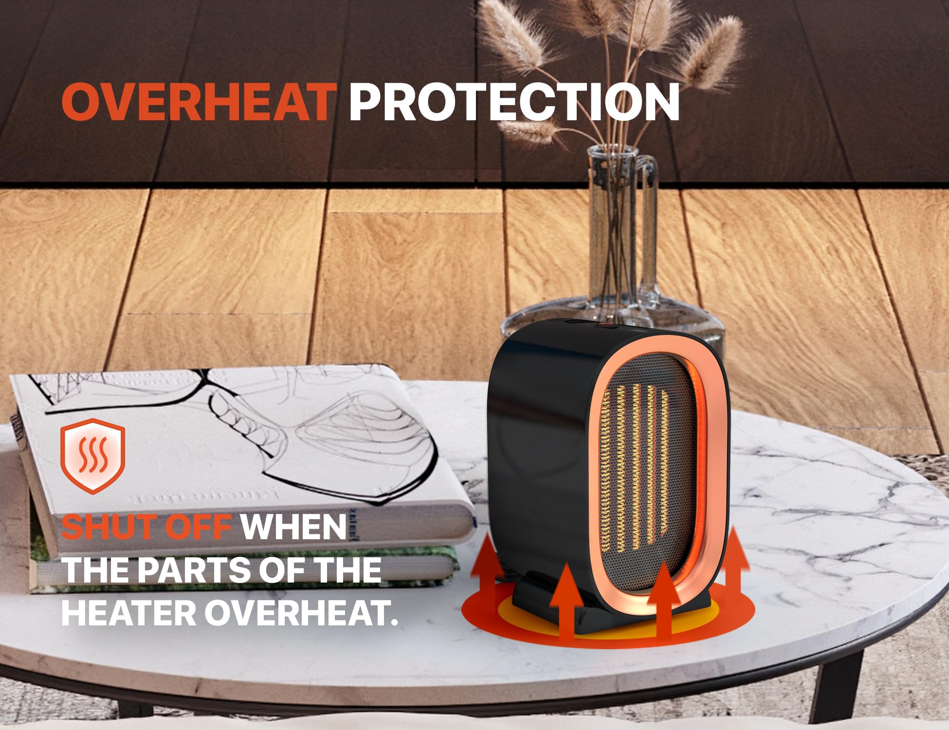 Ceramic Space Heater for Indoor Use, Overheat Protection, Tip-Over Protection, Low Noise Heating, Safe Electric PTC Portable Fan for Office Home Room, Black Smart Handy Warmer for Bedroom Desktop