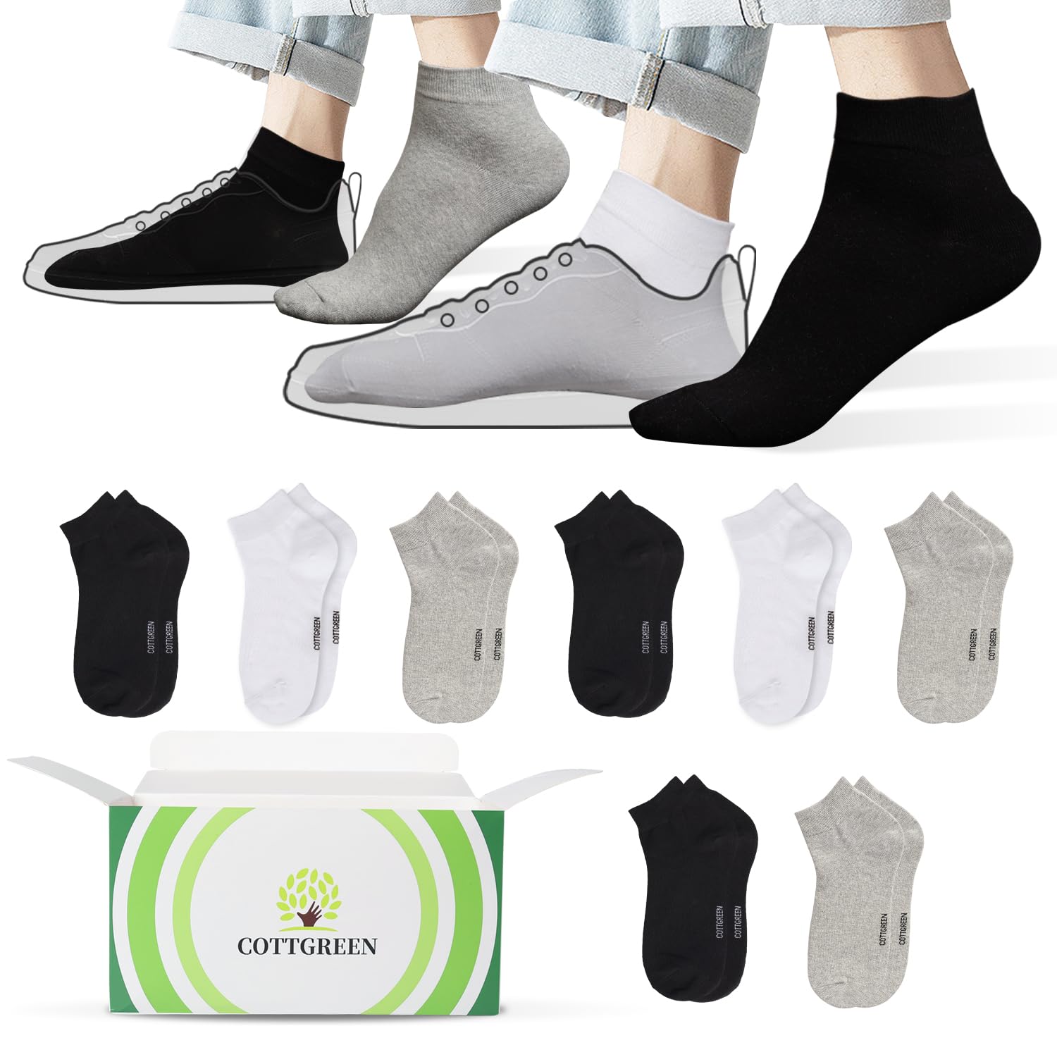 COTTGREEN Low Cut Ankle Socks Men|Men Short Socks Casual|Golf Athletic Socks For Men Size 6-12|8-pack(GREY)