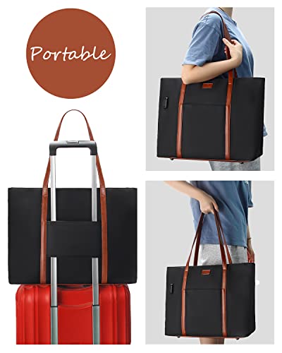 Laptop Tote Bag for Women Teacher Work Office USB Bags Fits 15.6 inches Laptop Lightweight Water Resistant Nylon Tote Bag (Black and Brown Strap)
