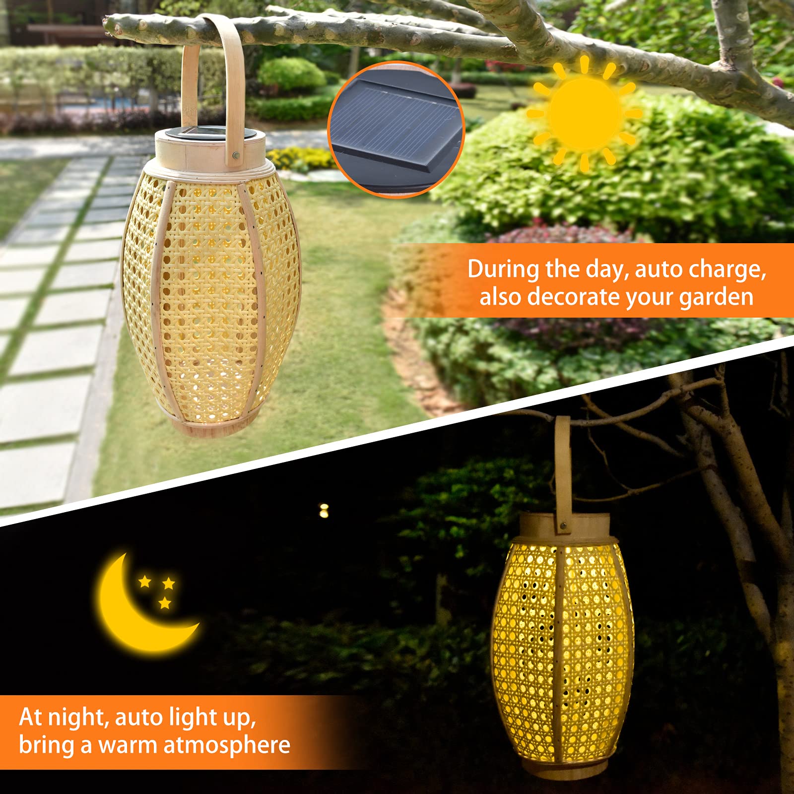 Solar Lanterns Outdoor Hanging - Outable Solar Rattan Woven Lantern Lamp with Handle for Hanging, Auto ON/Off Table Lantern Garden Patio Yard Home Decoration with Warm LED Light