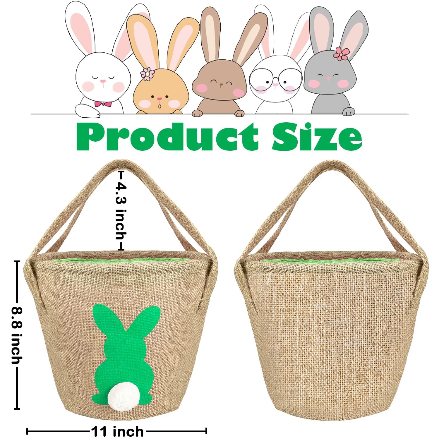 Leesgel Easter Baskets for Kids, Bunny Basket Easter Egg Hunt Baskets, Rabbit Buckets Large Easter Basket Gifts Bags for Boys Girls (Green)