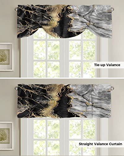SIGOUYI Kitchen Curtains, Black White Gold Marble Valances for Windows, Short Curtains Rod Pocket Bathroom Curtains Window, Kitchen Window Curtains Over Sink, 42x12in Valances for Kitchen