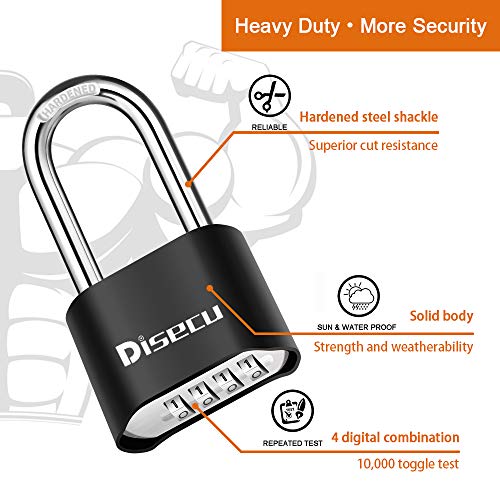 Disecu Heavy Duty 4 Digit Combination Lock 2.5 Inch Long Shackle Outdoor Waterproof Padlock for School Gym Locker, Gate, Hasp Storage, Toolbox, Fence, Case, Bike (Black, 2 Pack)