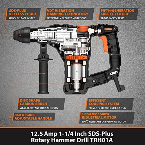 ENGiNDOT 1-1/4 Inch SDS-Plus Rotary Hammer Drill, 12.5 Amp 4350 BPM 900 RPM 4 Modes 7 JOULES Heavy Duty Hammer Drill with Safety Clutch, Drill Chuck - TRH01A