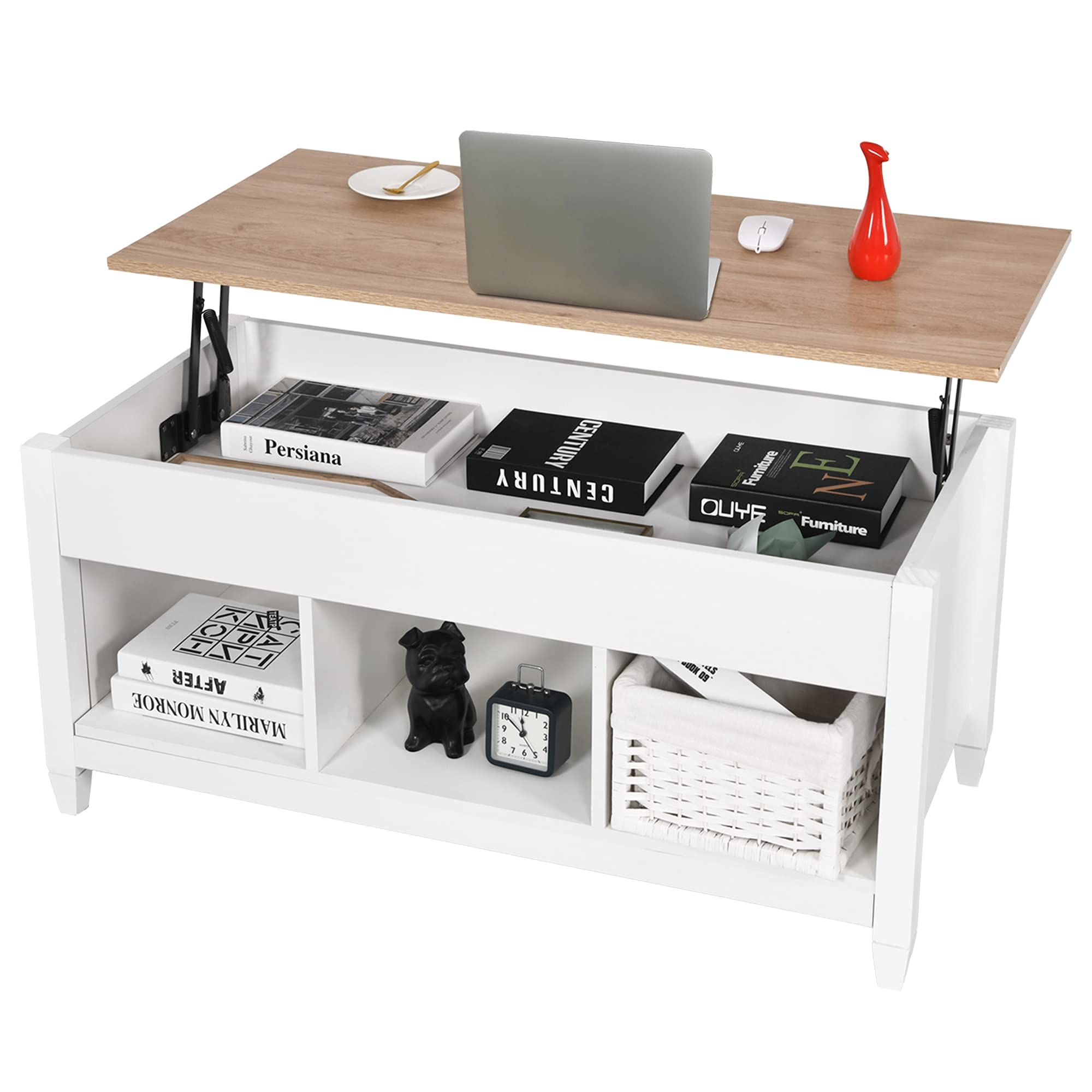 Catrimown Lift Top Coffee Table with Shelves, Modern Lift Tabletop Dining Table with Hidden Compartment and 3 Cube for Home Office Living Room Reception, Real Wood Legs, White.