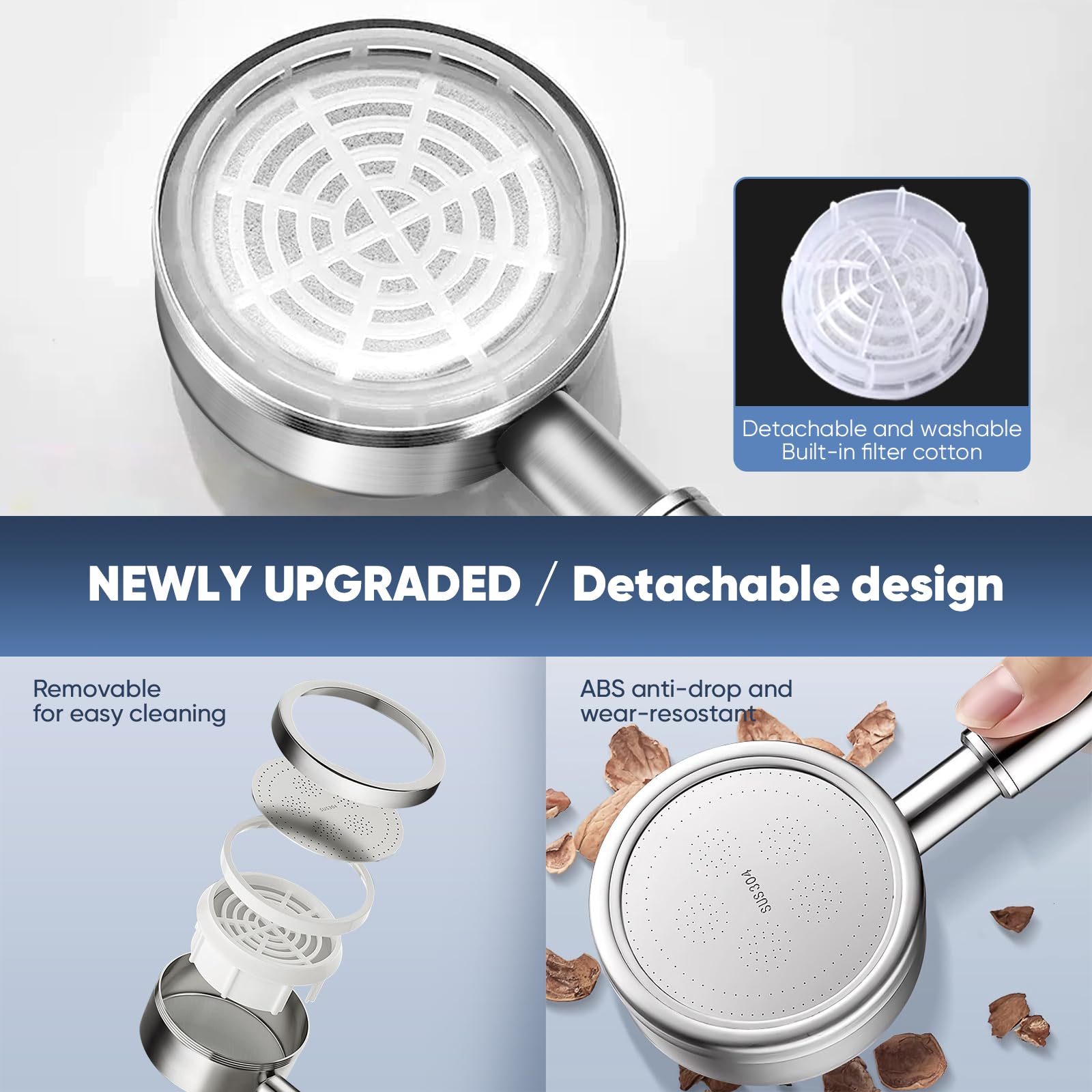 Handheld Shower Head Set High Pressure Stainless Steel High Flow Hand Shower Head with 59 Inch Hose and Bracket Brushed Finish
