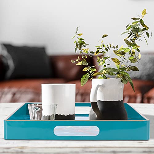MAONAME Blue Decorative Tray, Plastic Serving Tray with Handles, Coffee Table Tray with Tempered Glass Film, Rectangle Ottoman Tray for Living Room, Bathroom, 15.7β x 10.2β