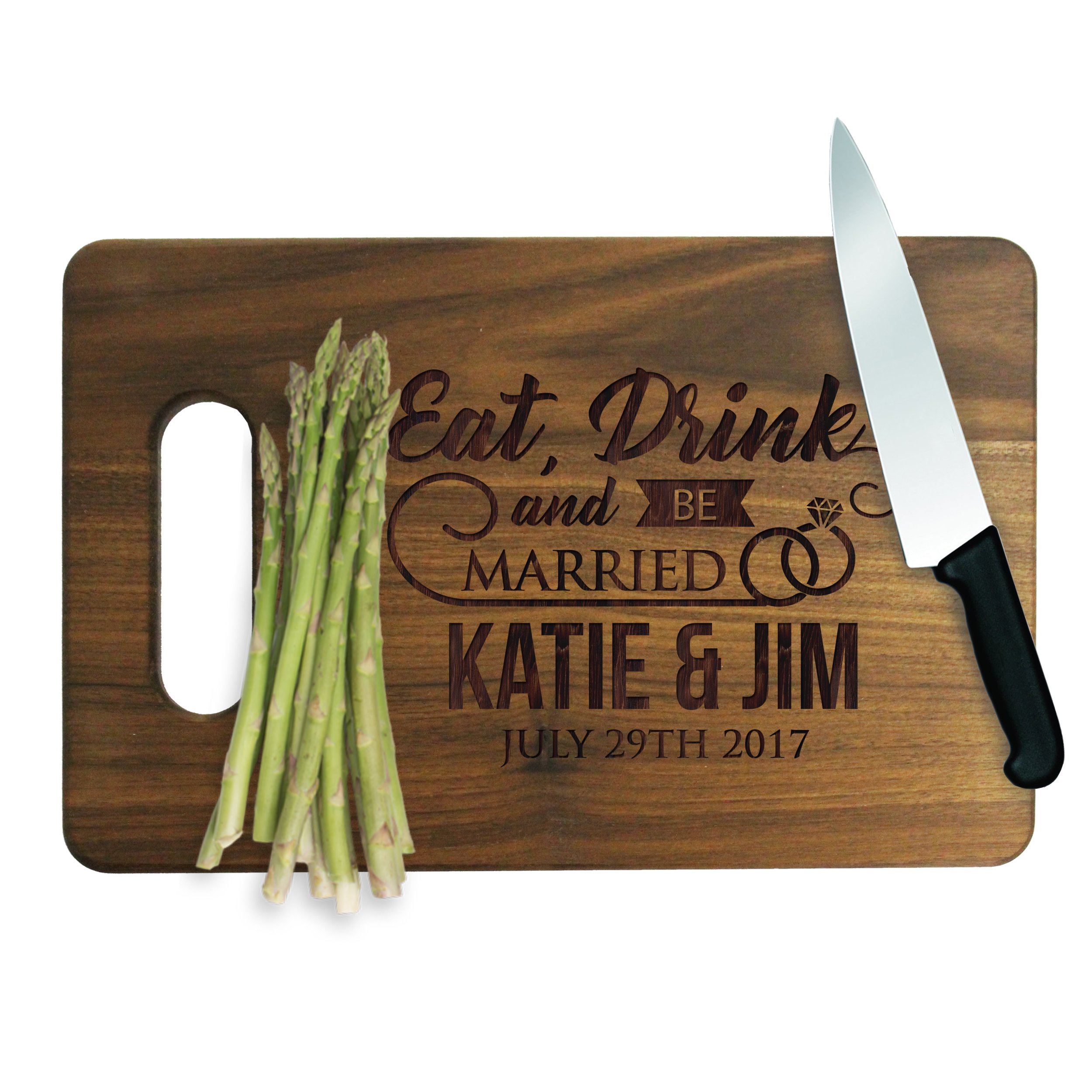 Eat Drink and Be Married Walnut and Maple Cutting Boards - Monogrammed Wedding Cutting Board Housewarming for Couples - Custom Personalized (Walnut, Large - 13.75" x 9.75")