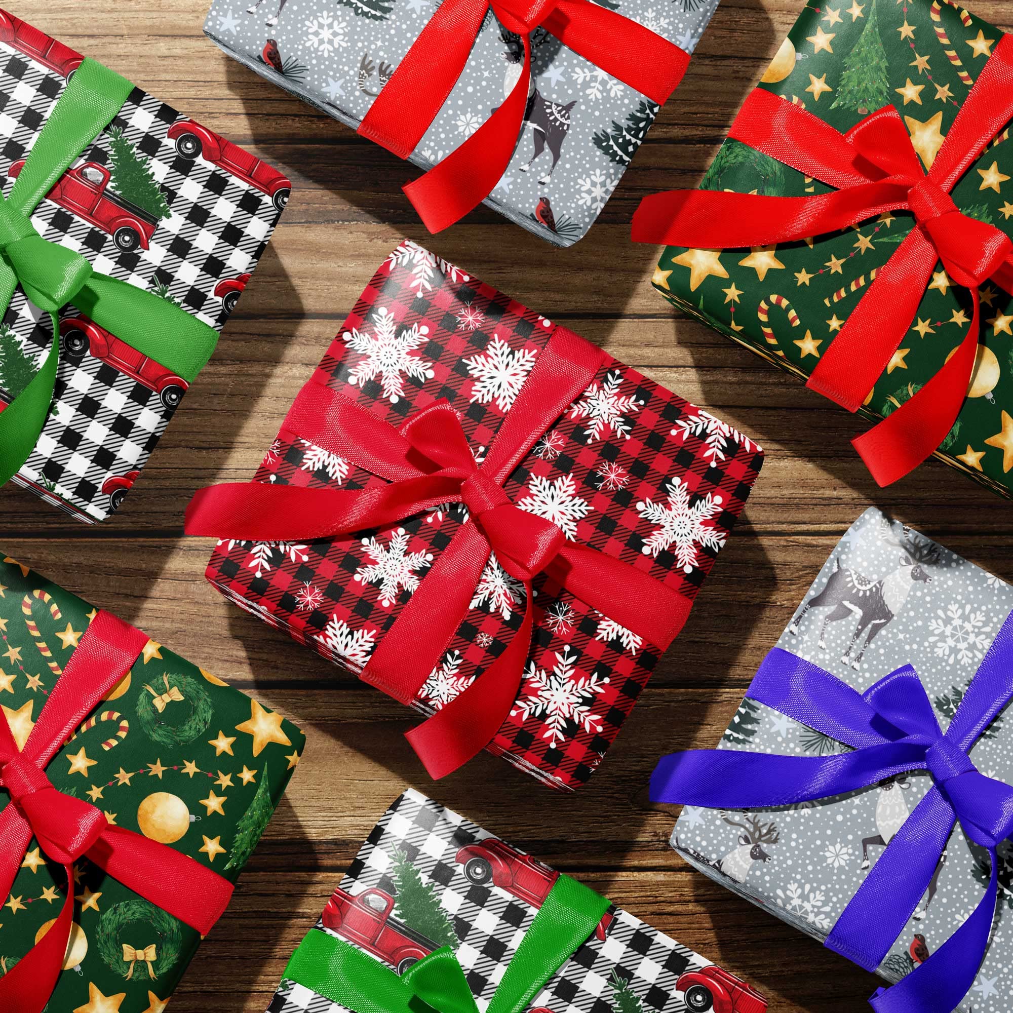 Christmas Wrapping Paper - GIOLNIAY Holiday Gift Wrap with Trucks, Snowflakes, Trees - 4 Jumbo, 4 Medium Sheets