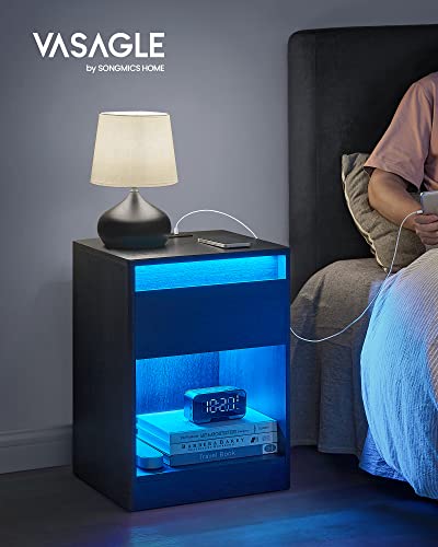 VASAGLE Nightstand with Charging Station, Side End Adjustable LED Lights, Bedside Table with Drawer 2 AC Outlets, 2 USB Ports, Modern, for Bedroom, 13.7" D x 15.7" W x 21.7" H, Black