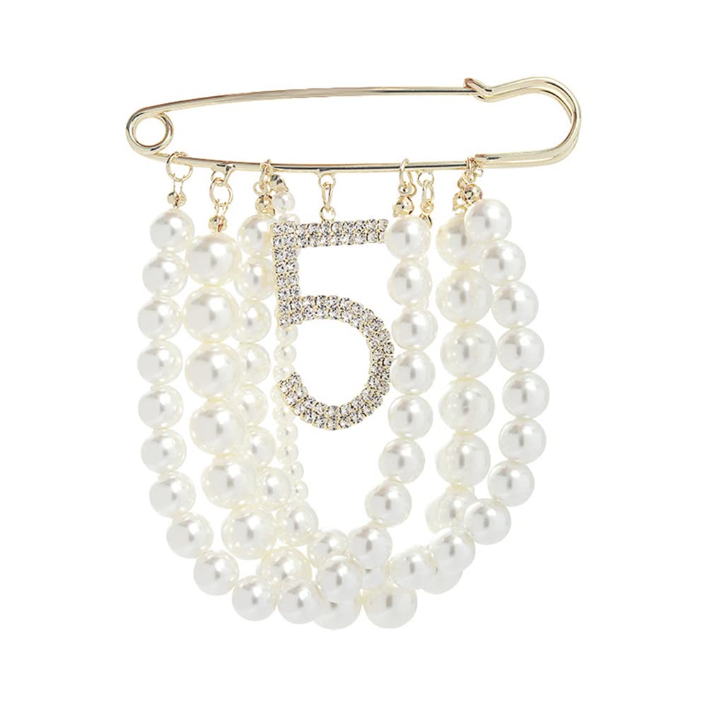 Celebrity Design Imitation Pearl Number Five Brooches Crystal Brooch Pins