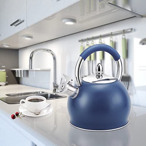 HRHongRui Whistling Tea Kettle for Stove Top Stainless Steel Tea Pot with Ergonomic Silicone Handle Teapot for Stovetop 3.2 Quart / 3 Liter Blue