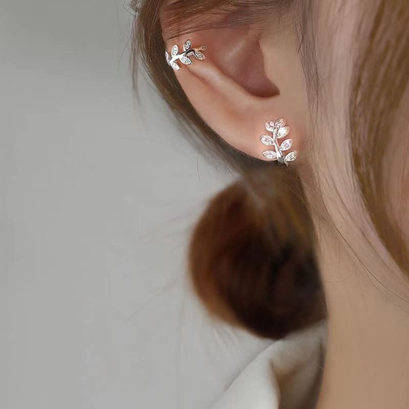 Diamond-Set Twig Sweet White Gold Ear Clips, Leaves White Gold Earrings Without Ear Holes White Gold Earrings