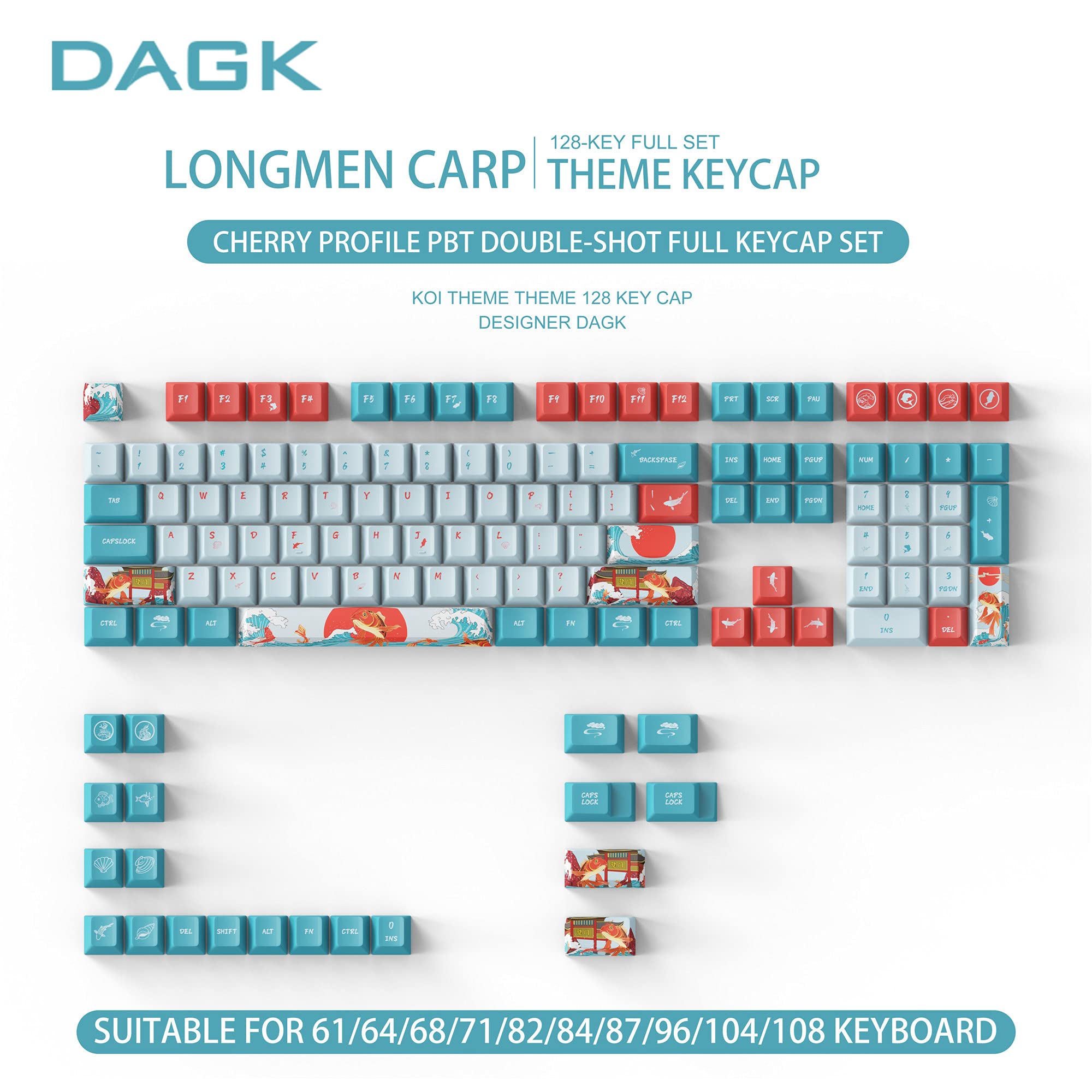 DAGK Dragon Gate Koi PBT Dye Sublimation Upgrade 128 Keycap Set Cherry Profile Keycaps Keyset with Puller for Cherry Mx Gateron Kailh Switch Mechanical Keyboard Upgraded Coral Sea…