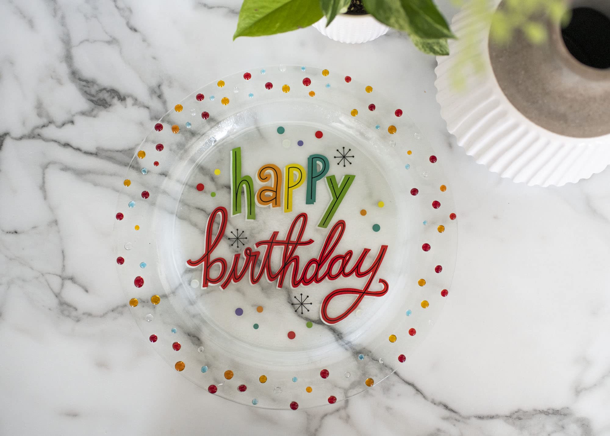 DEMDACO Happy Birthday Confetti Multicolored 14 x 14 Hand painted Glass Platter
