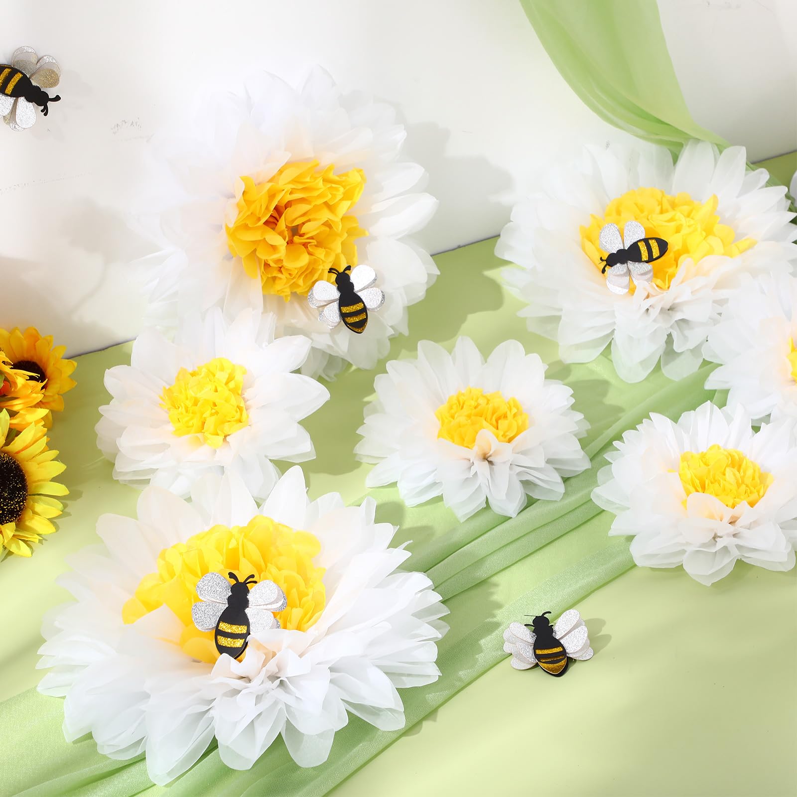 Feifeiya 14 Pcs Sunflower Daisy Bee Cutout Decorations Sunflower Daisy Tissue Paper Pom Poms Party Decorations Bee Cutouts for Birthday Bridal Wedding Classroom Craft Bulletin Board(Yellow, White)
