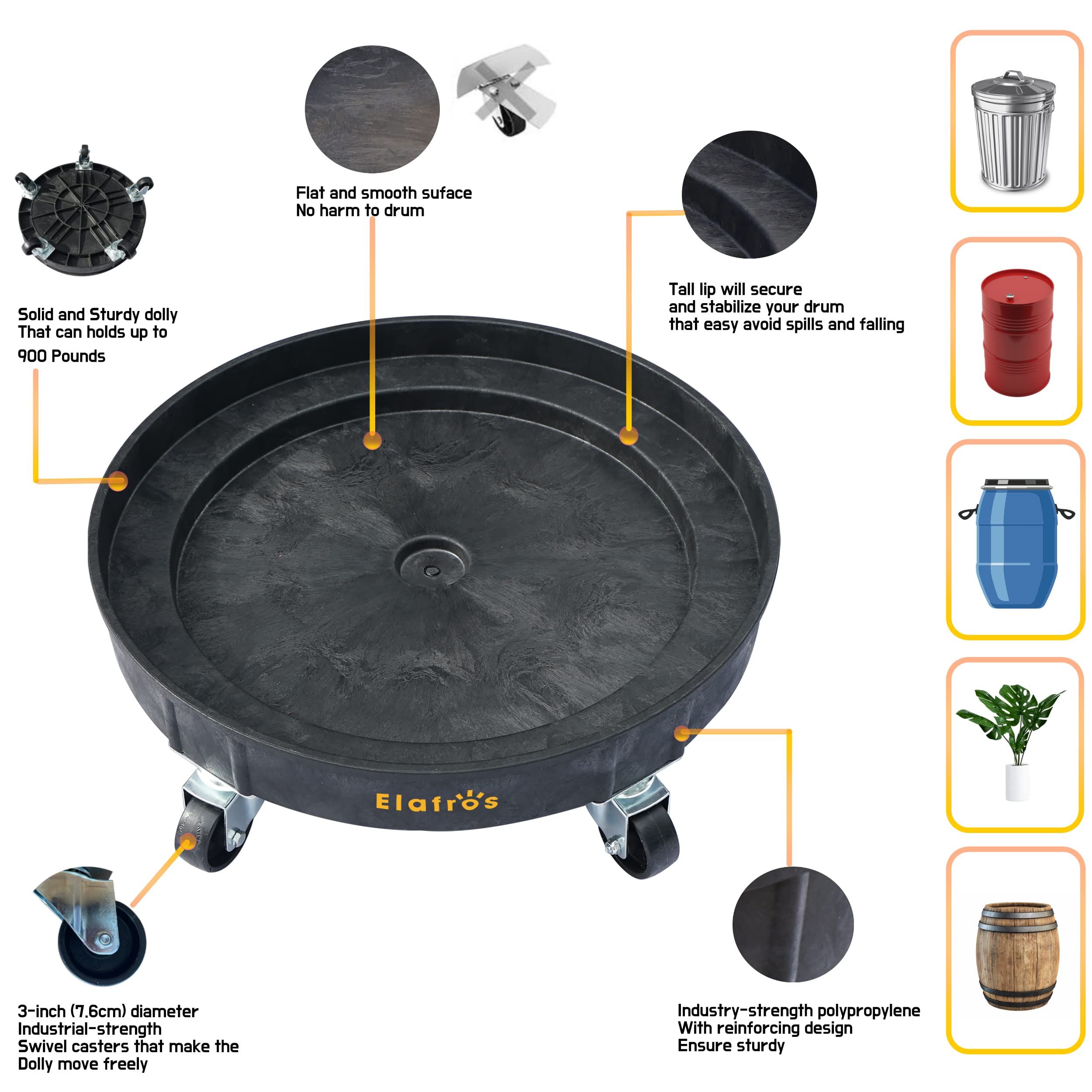 ELAFROS 30 Gallon and 55 Gallon Heavy Duty Plastic Drum Dolly β Durable Plastic Drum Cart 900 lb. Capacity- Barrel Dolly with 5 Swivel Casters Wheel,Black, 2 Packs