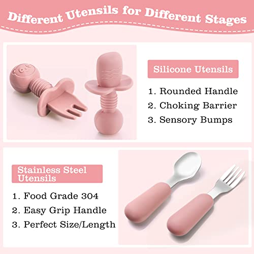 Silicone Baby Feeding Set, Baby Led Weaning Supplies with Suction Bowl Divided Plate, Toddler Self Feeding Dish Set with Spoons Forks Sippy Cup Adjustable Bib, Eating Utensils for 6+ Months(Pink)