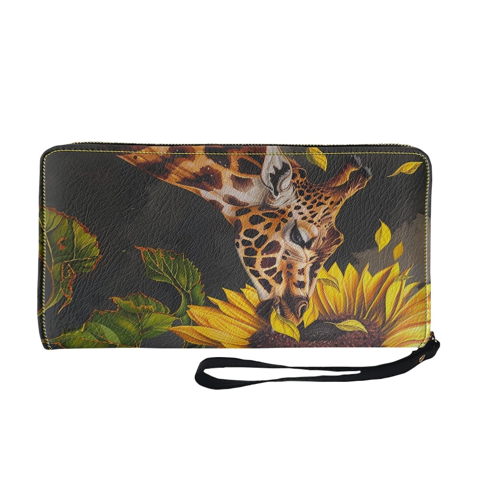 xixirimido Yellow Sunflower Giraffe Pattern Women's Wallet Handbags with Wristlet Pu Leather Bifold Cell Phone Coin Purse for Travel Work
