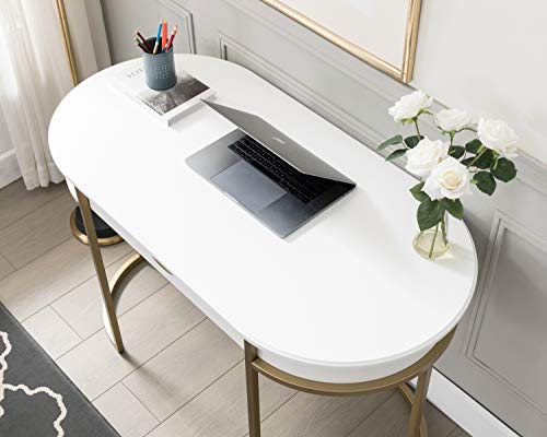 Leick Home 85405 Oval Metal Leg Desk with Drop Front Keyboard Drawer, Cottage White/Gold