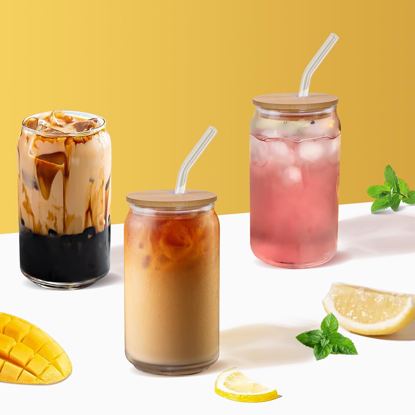 Drinking Glasses with Bamboo Lids and Glass Straw-16oz Can Shaped Glass Cups,Beer Glasses,Iced Coffee Glasses,Ideal for Cocktail,Whiske,Soda,Bubble Tea,Juicing,Smoothies(12pcs Set+2 Cleaning Brushes)