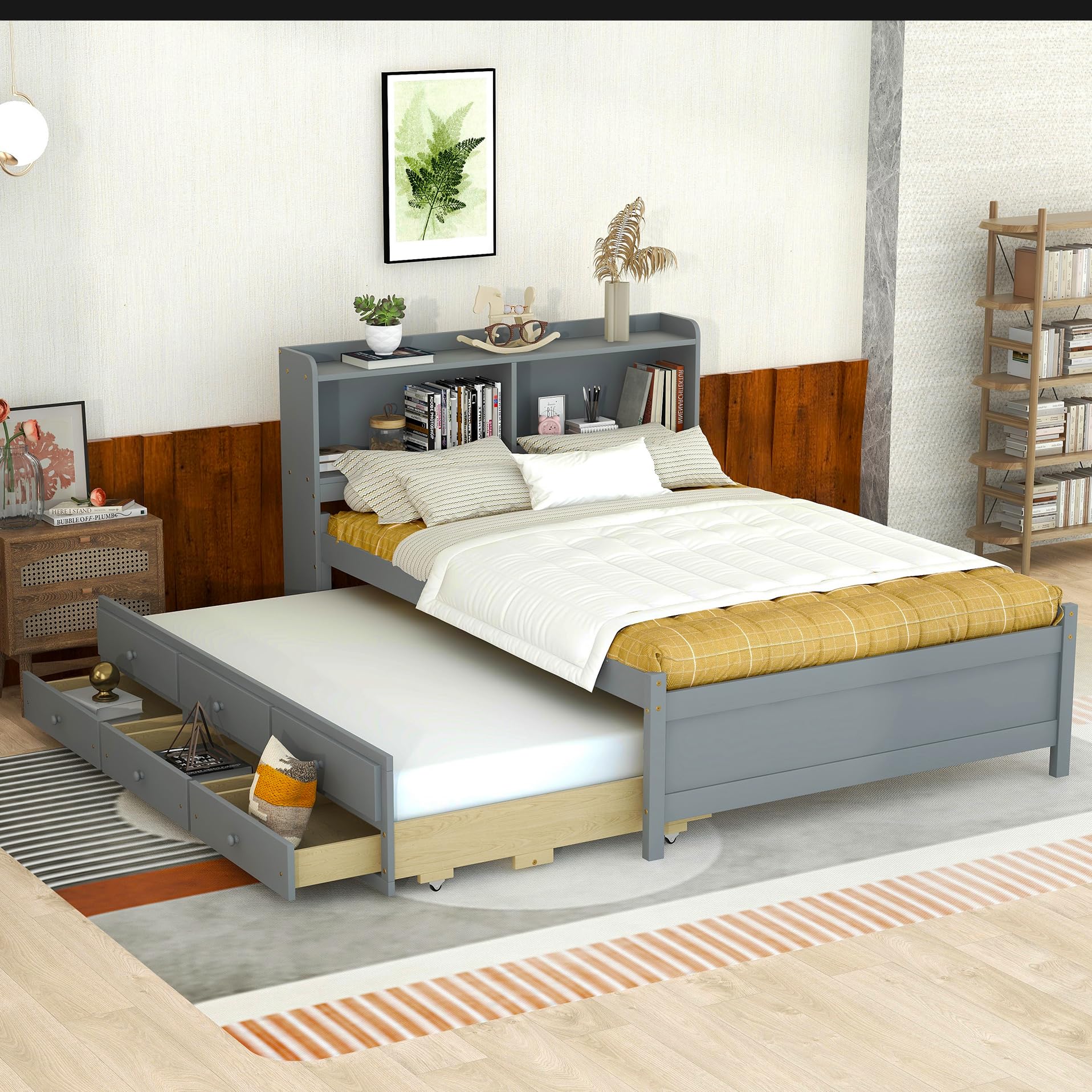 Full Size Bed with Bookcase Headboard, USB ,Type-C Ports and LED light,Wood Full Bed Frames with Trundle & Storage Drawers ,Full Storage Bed with Trundle for Kids Girls Boys ,Grey